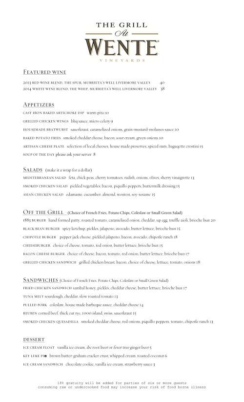 The Grill at Wente Vineyards menu in Livermore, California, USA