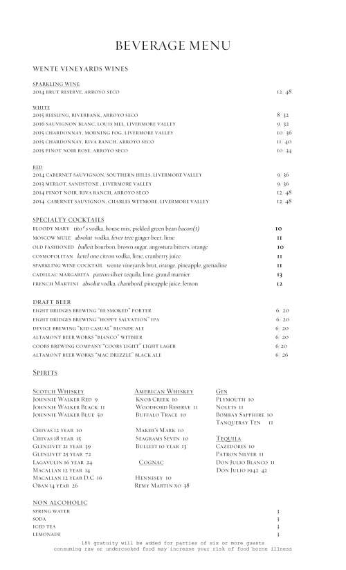 The Grill at Wente Vineyards menu in Livermore, California, USA