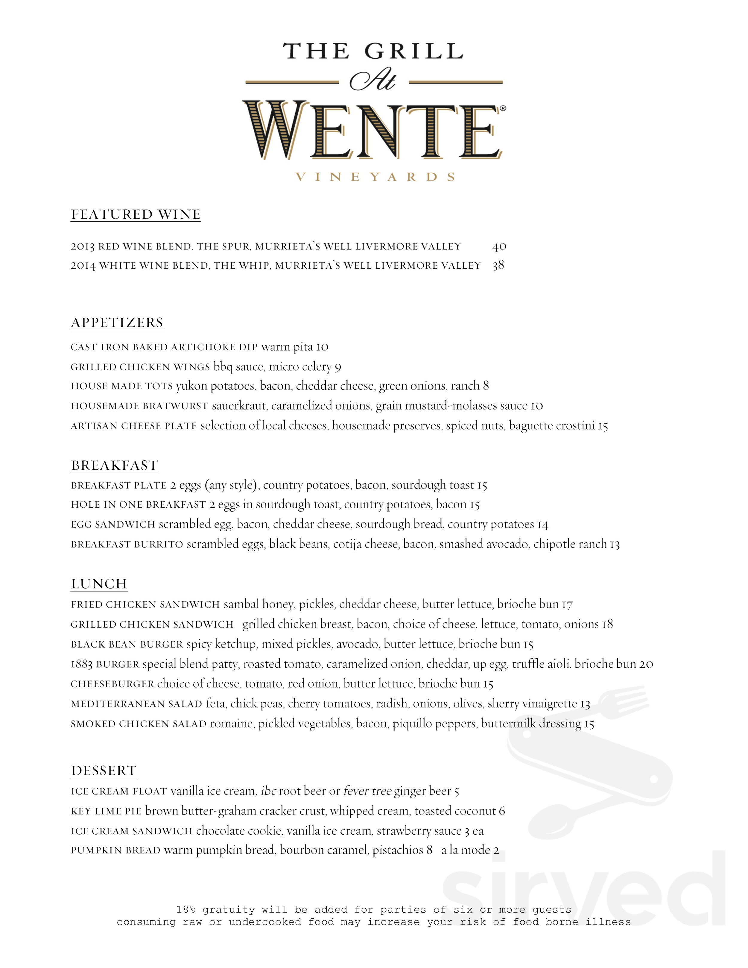The Grill at Wente Vineyards menu in Livermore, California, USA