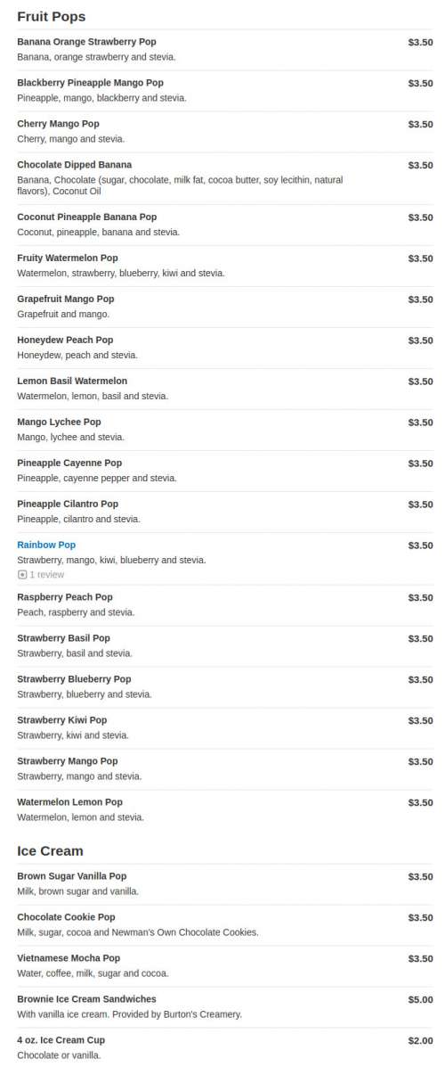 Pedal Pops menu in Farmington, Arkansas, USA