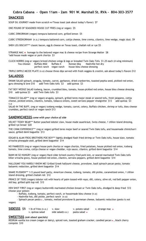 Cobra Cabana menu in Richmond, Virginia, USA