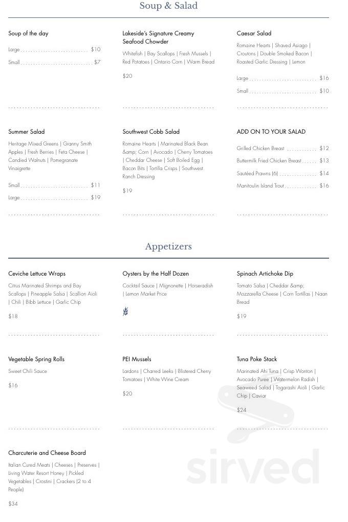 Lakeside Seafood & Grill menu in Collingwood, Ontario, Canada