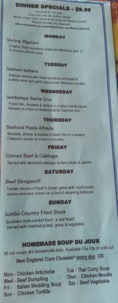 Santa Cruz Diner menu in Santa Cruz, California, USA