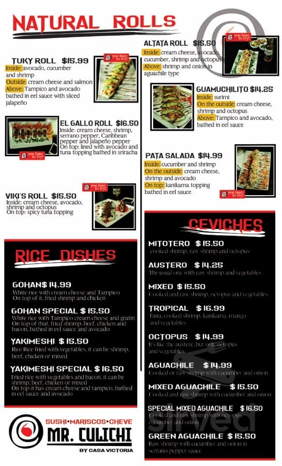 Mr. Culichi Sushi menu in Chula Vista, California, USA