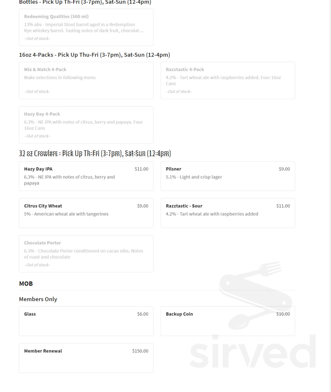 Route 30 Brewing Company menu in Riverside, California, USA