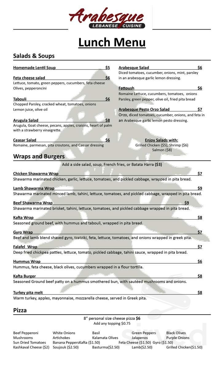 Arabesque on Devine menu in Columbia, South Carolina, USA