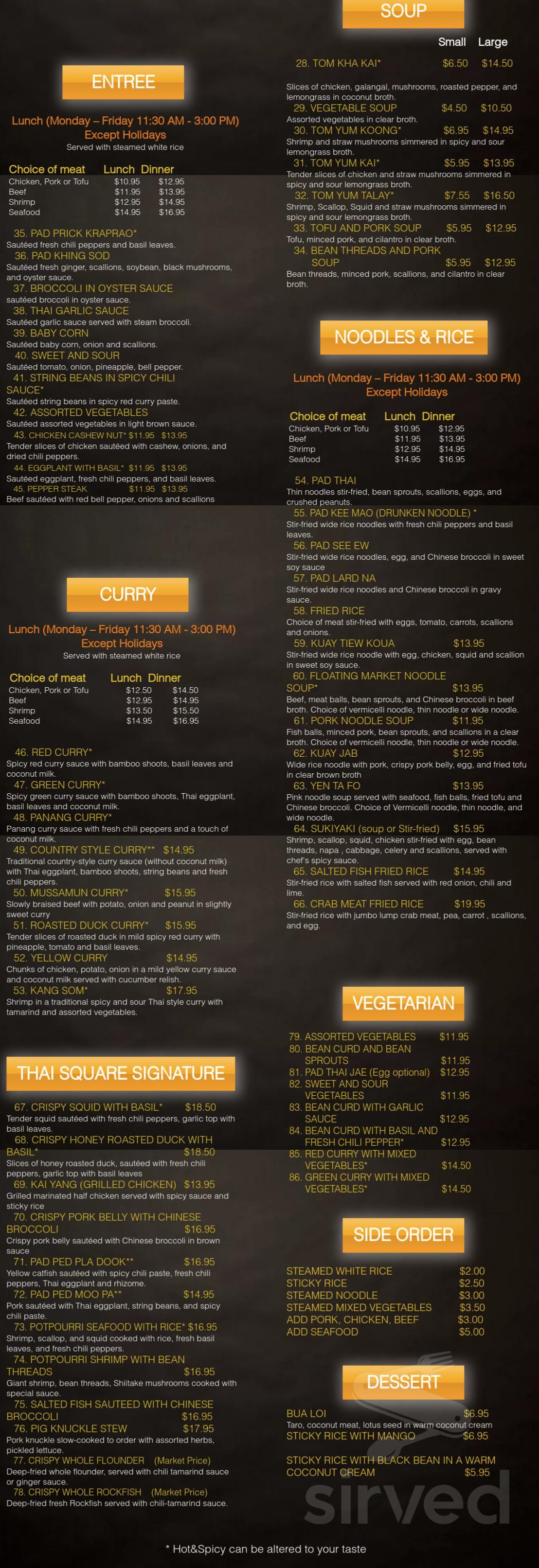 Thai Square menu in Arlington, Virginia, USA