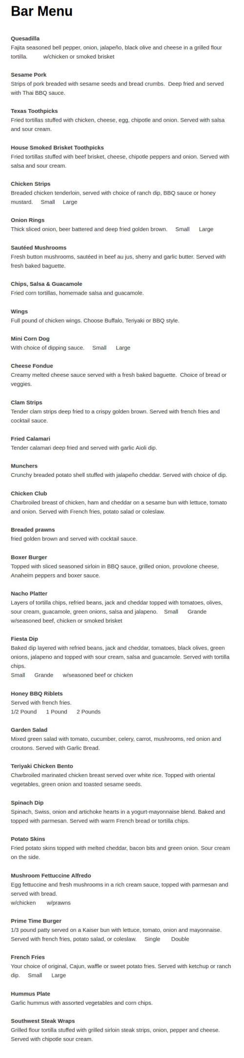 Prime Time Restaurant & Sports Bar menu in Forest Grove, Oregon, USA