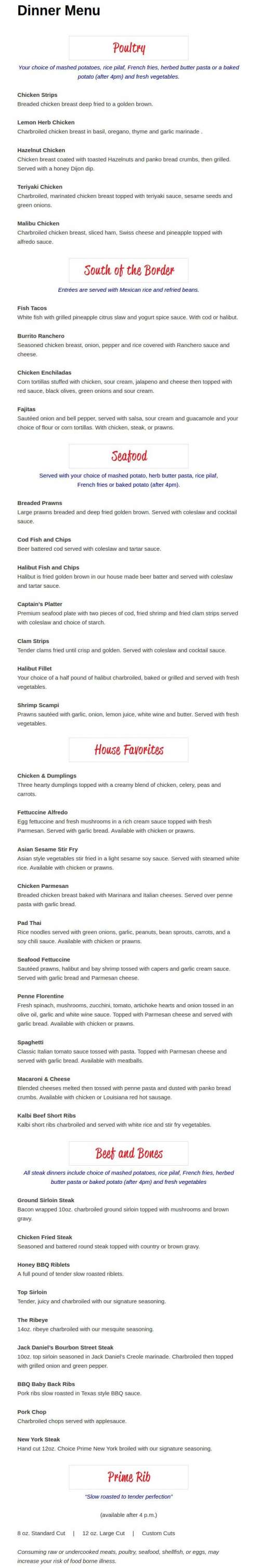 Prime Time Restaurant & Sports Bar menu in Forest Grove, Oregon, USA