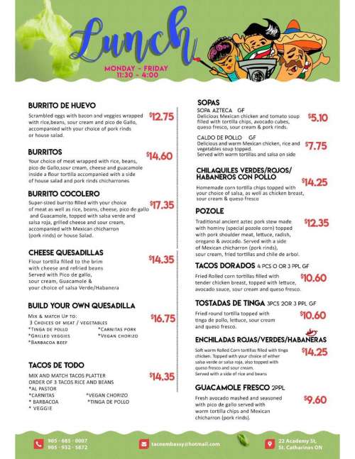 Taco embassy menu in St. Catharines, Ontario, Canada