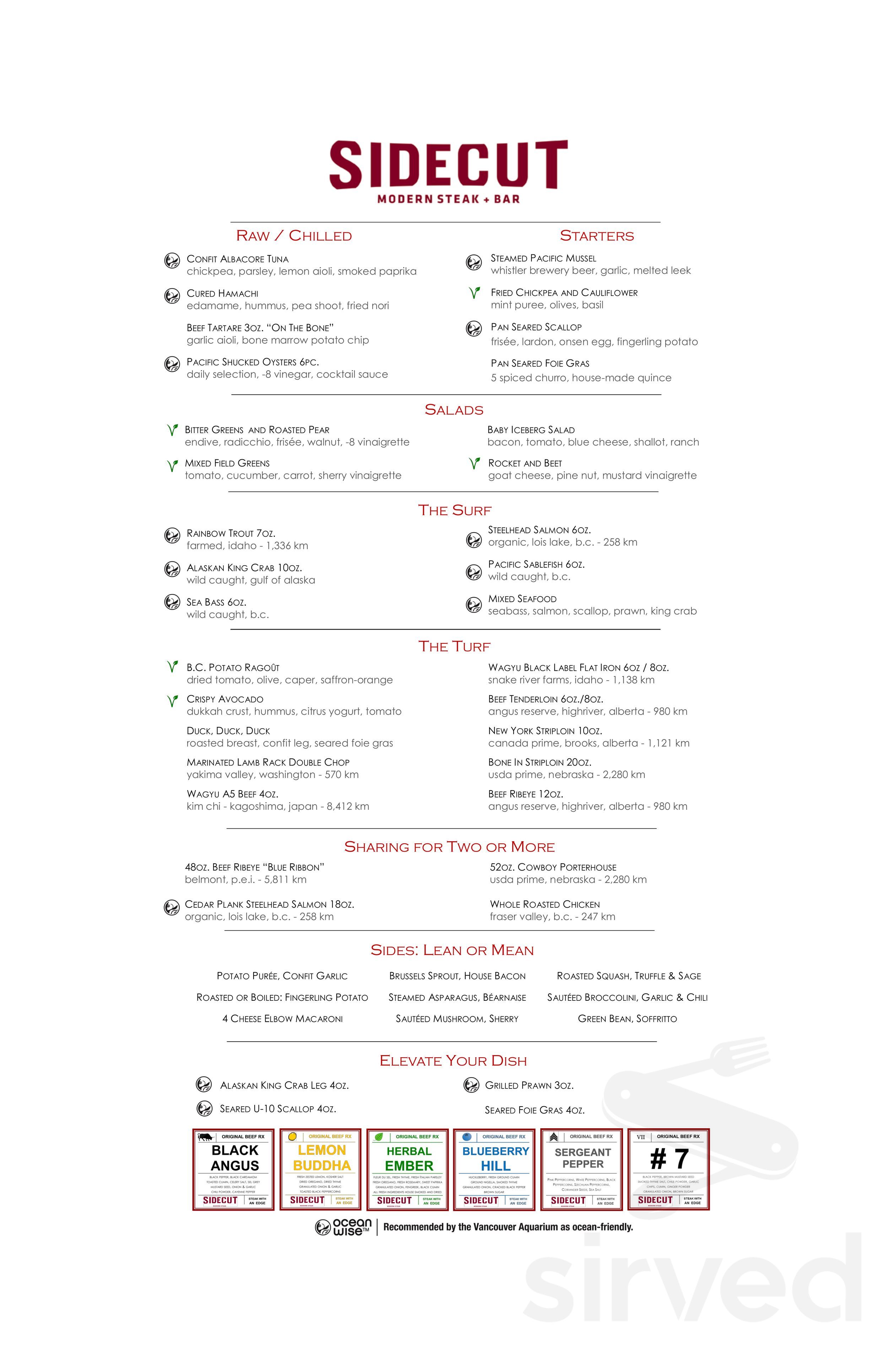 SIDECUT Steakhouse menu in Whistler, British Columbia, Canada