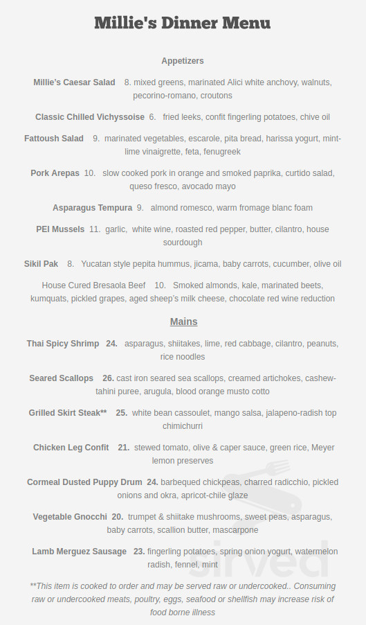 Millie's Diner menu in Richmond, Virginia, USA