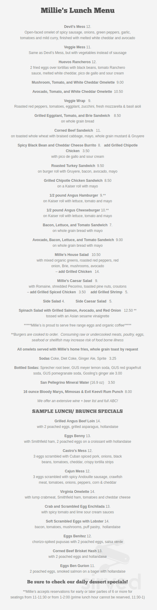 Millie's Diner menu in Richmond, Virginia, USA