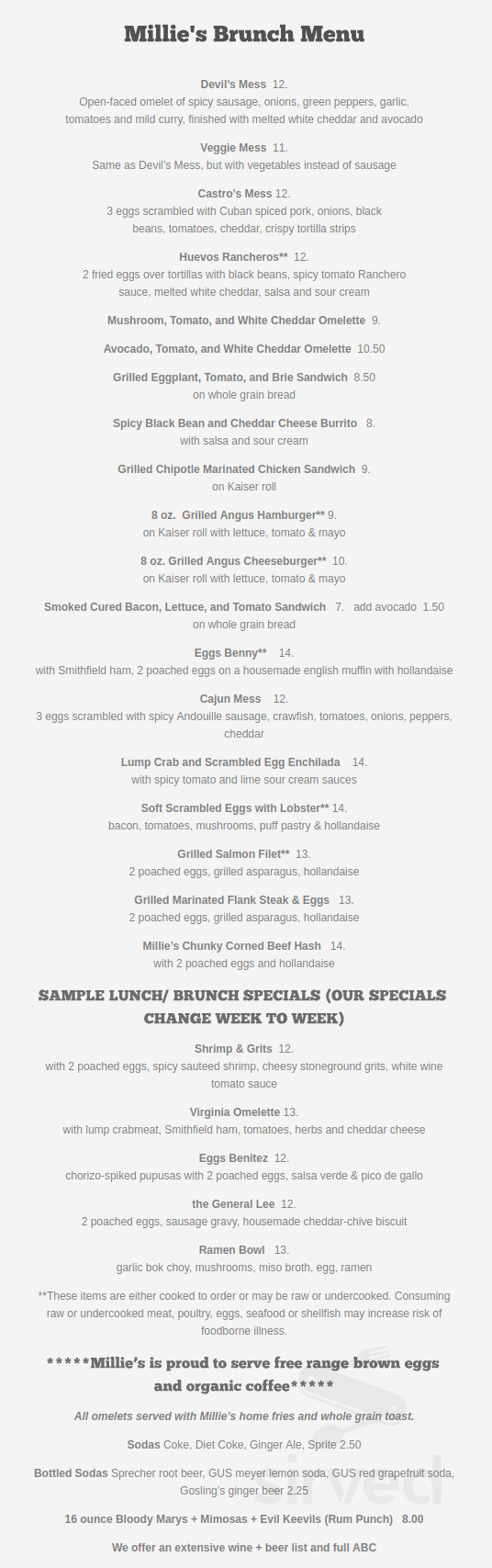 Millie's Diner menu in Richmond, Virginia, USA