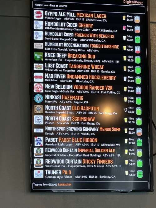The Bigfoot Taproom menu in McKinleyville, California, USA
