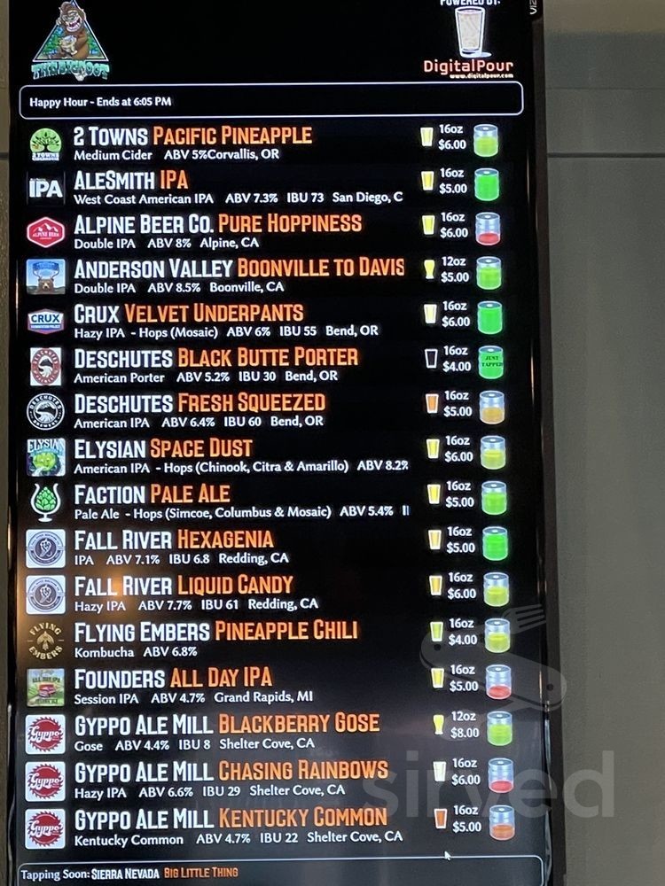 The Bigfoot Taproom menu in McKinleyville, California, USA