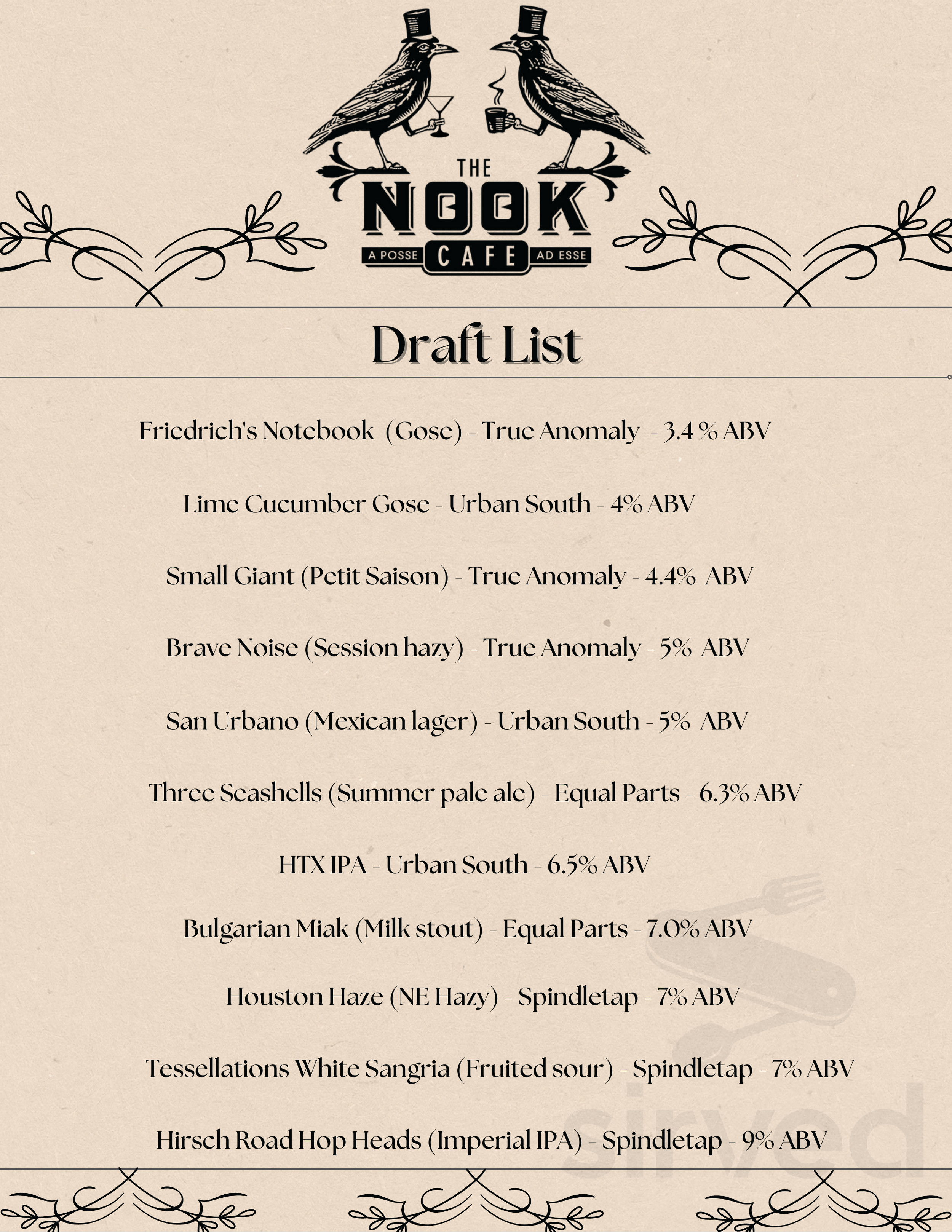 The Nook Cafe menu in Houston, Texas, USA