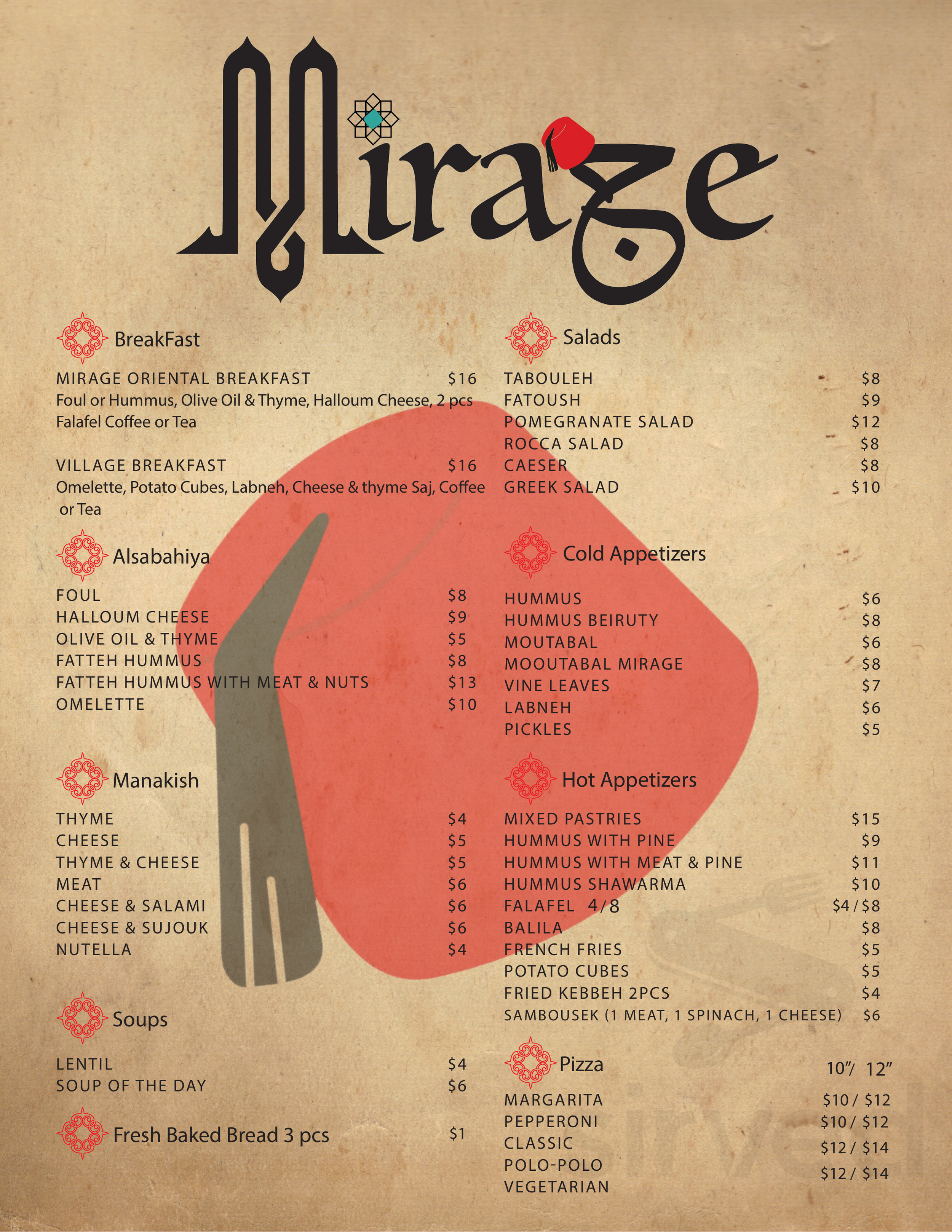 Menu for Mirage Restaurant in Montréal, QC | Sirved