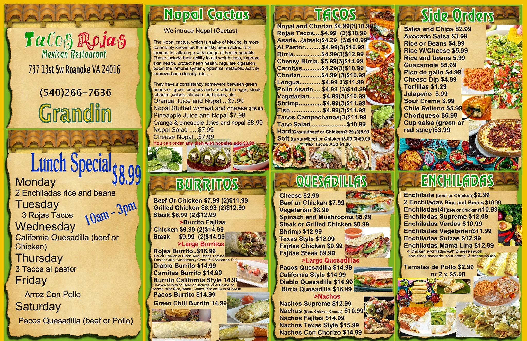 Menu for Tacos Rojas in Roanoke, VA | Sirved