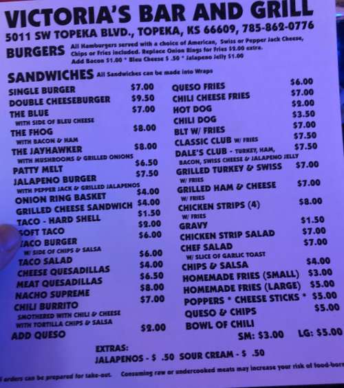 Victoria's menu in Topeka, Kansas, USA