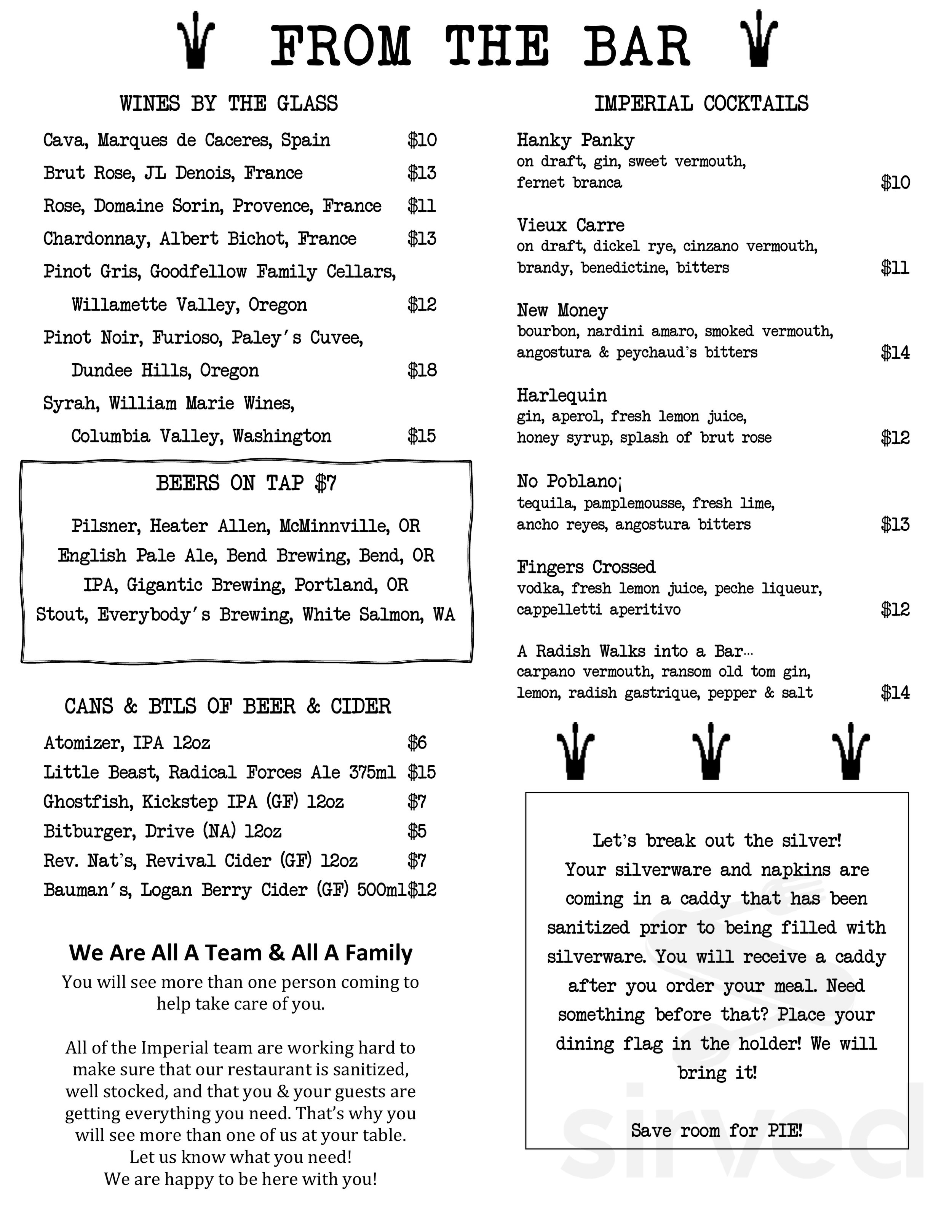 Imperial menu in Portland, Oregon, USA