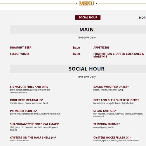 Cornerstone Classic American Steakhouse menu in Las Vegas, Nevada, USA