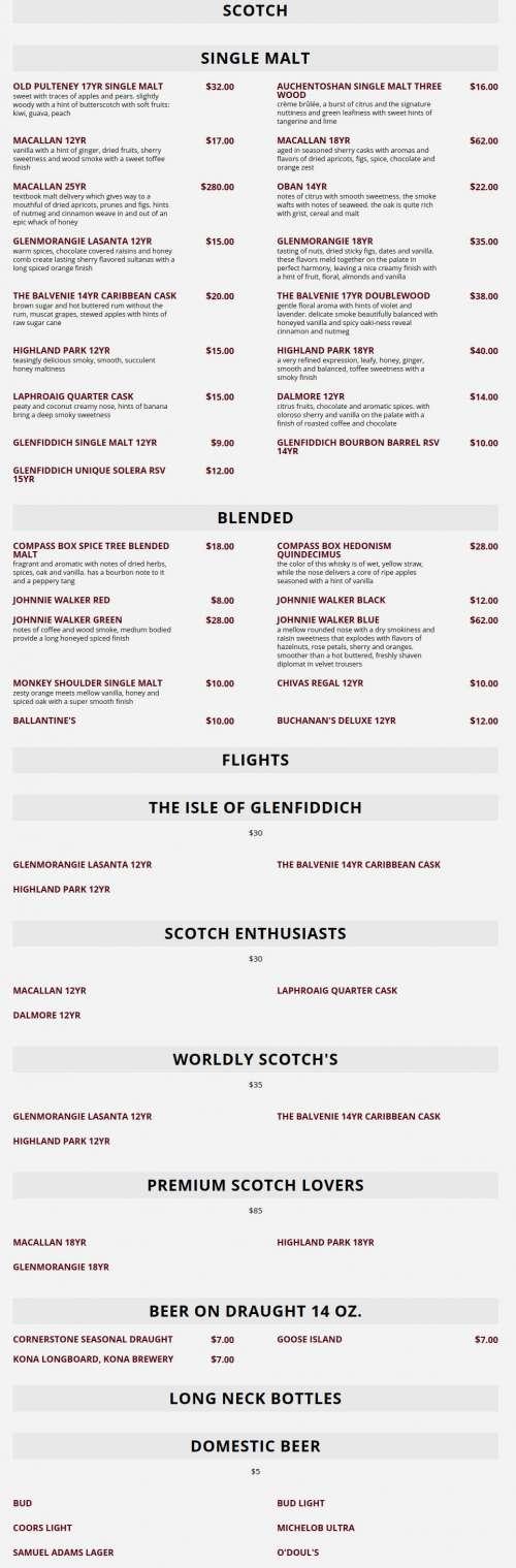 Cornerstone Classic American Steakhouse menu in Las Vegas, Nevada, USA