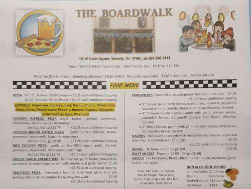Boardwalk menu in Waverly, Tennessee, USA
