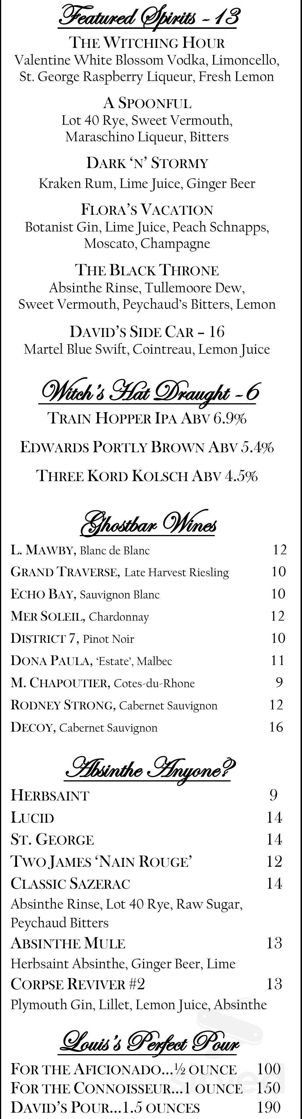 The Ghostbar at the Whitney menu in Detroit, Michigan, USA