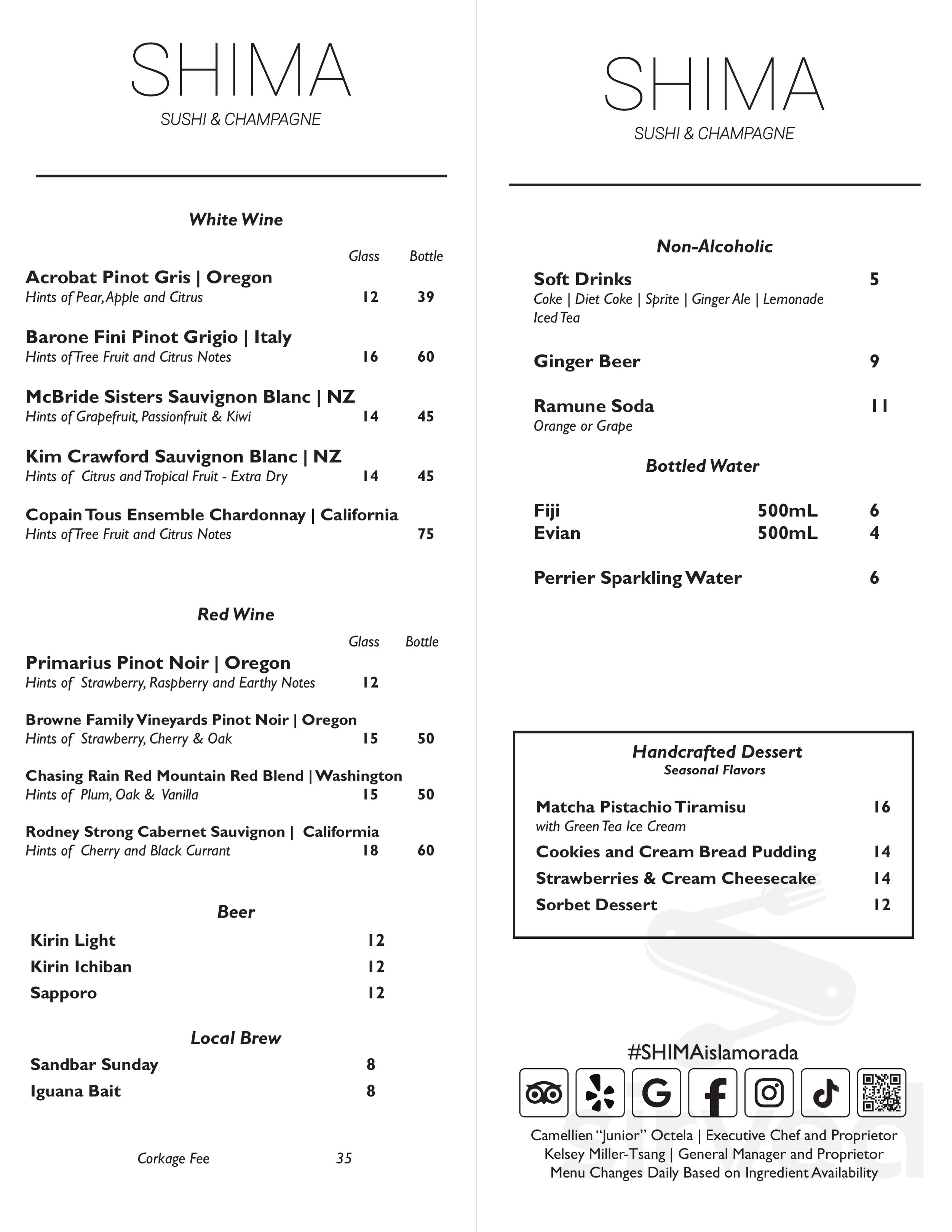 Menu - Islamorada FL's SHIMA | Sirved