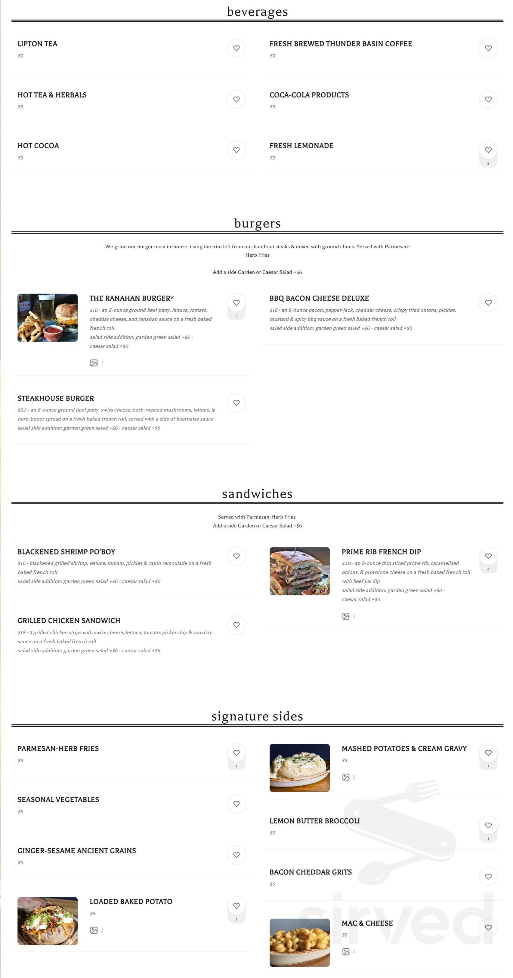 Ranahan Steakhouse menu in Douglas, Wyoming, USA