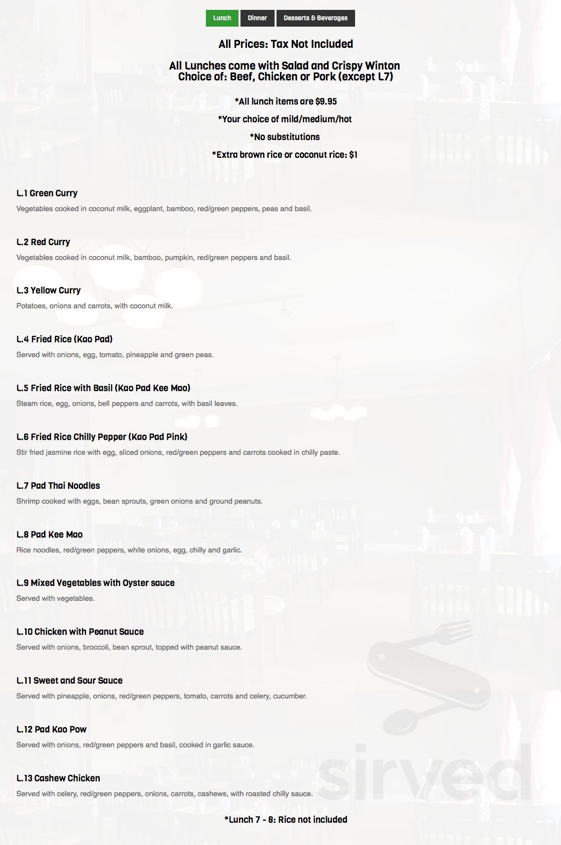 Ruby Siam Thai Kitchen menu in Surrey, British Columbia, Canada