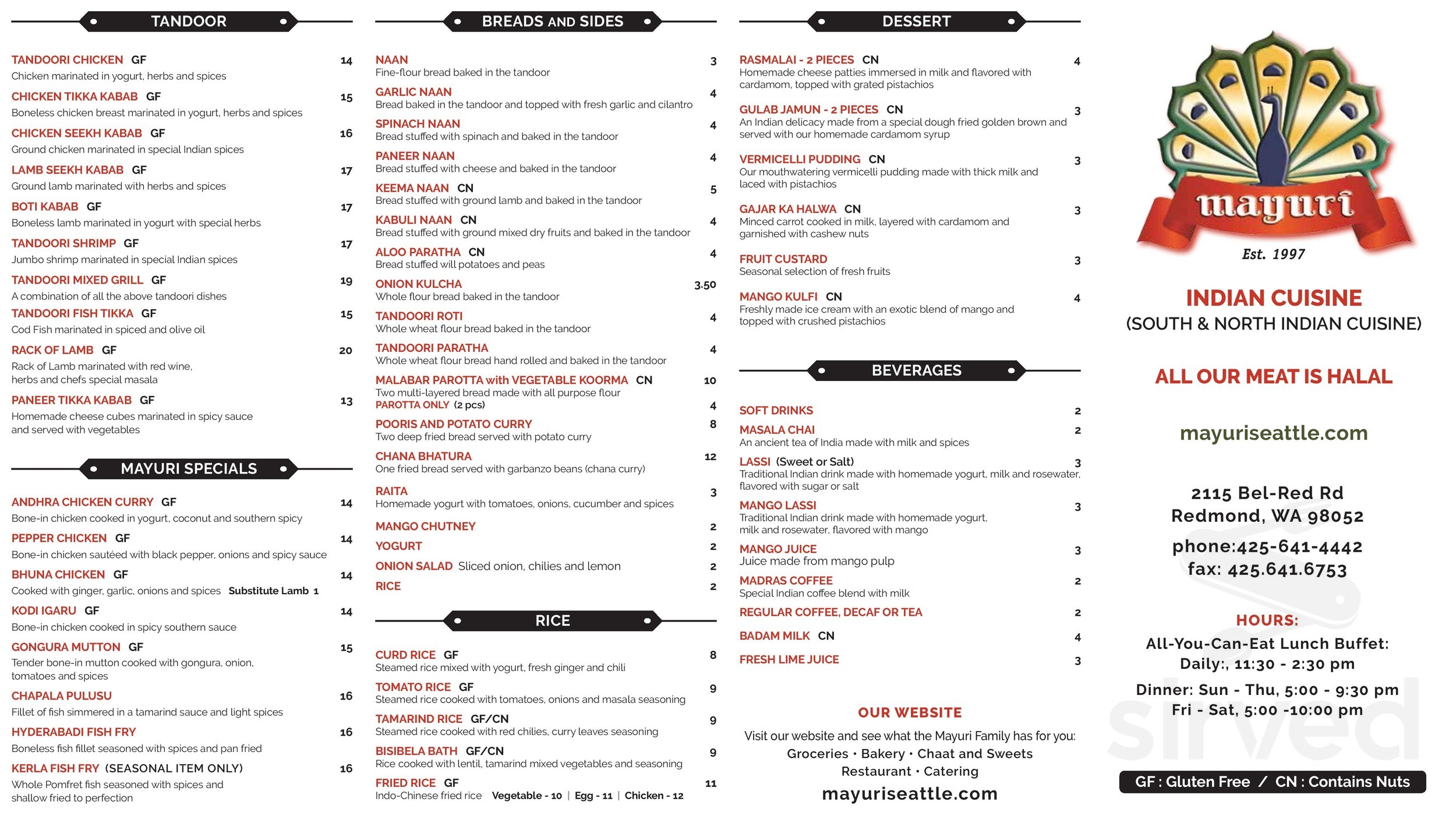 Menu for Mayuri Indian Cuisine in Redmond, WA | Sirved