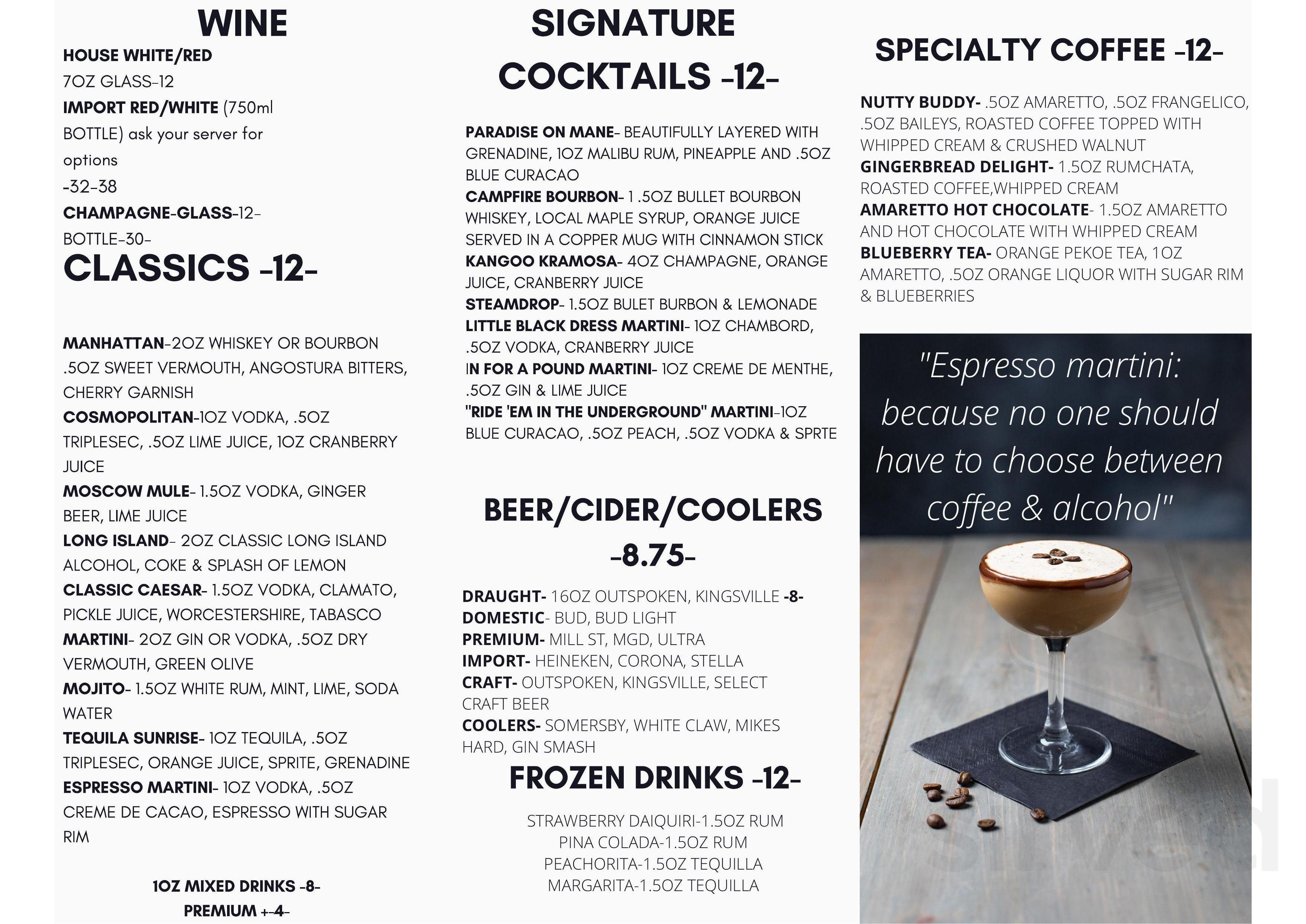 Menu for Mane Street Cafe and Lounge in Sault Ste. Marie, ON | Sirved