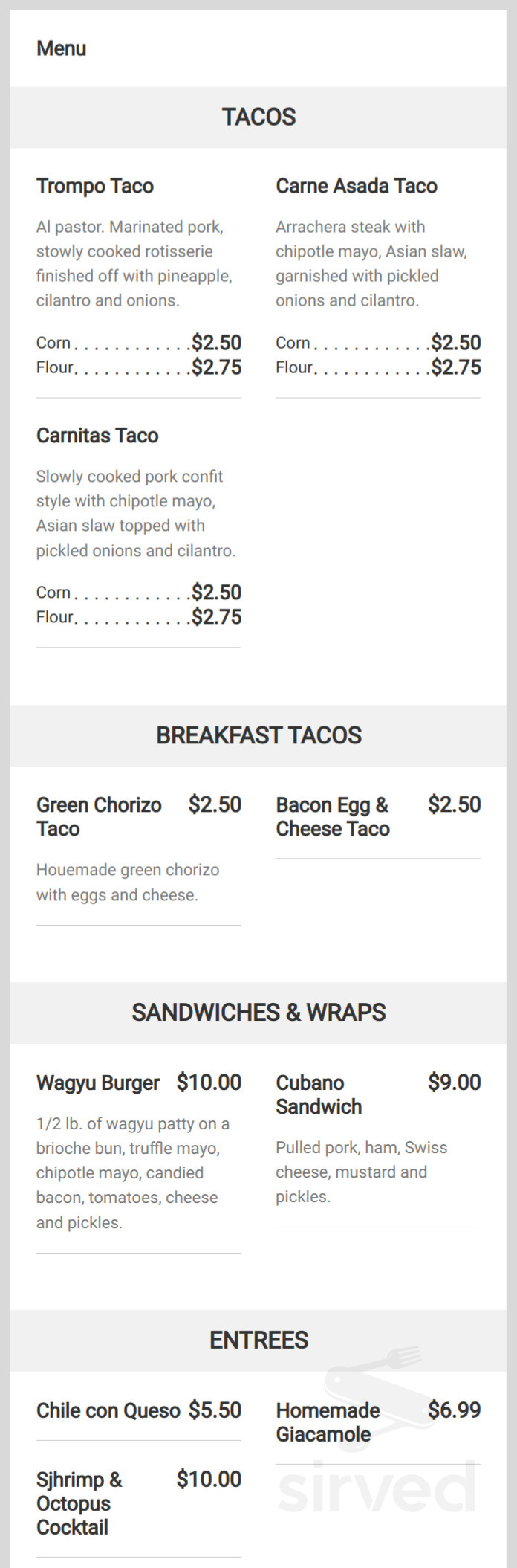 Menu for C Rojo's Taqueria (Gourmet) in Tyler, TX | Sirved