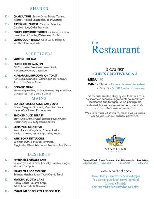 Vineland Estates Winery menu in Vineland, Ontario, Canada