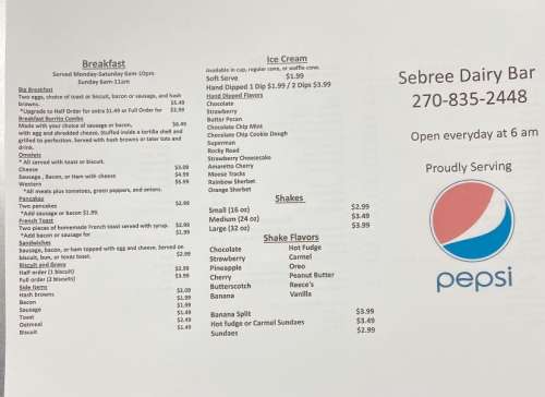 Sebree Dairy Bar menu in Sebree, Kentucky, USA