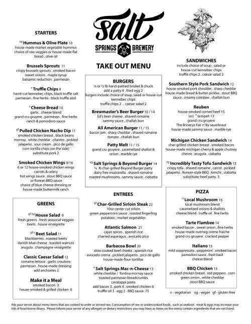 Salt Springs Brewery menu in Saline, Michigan, USA