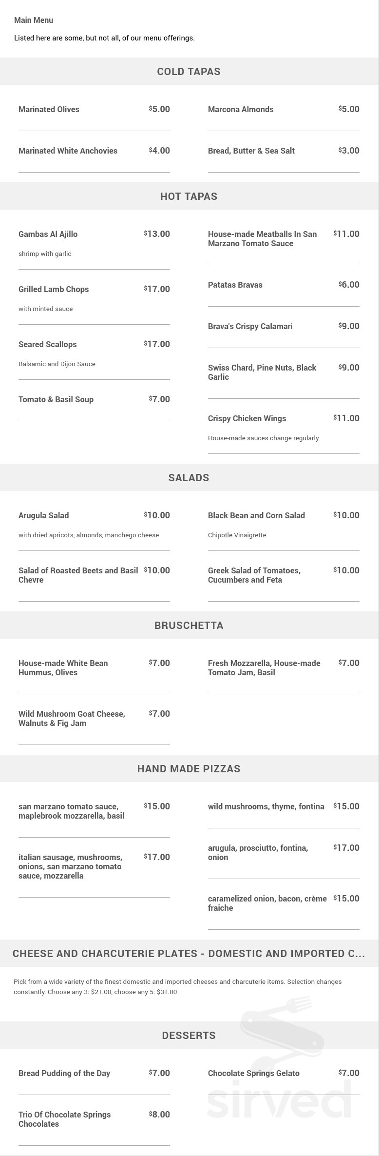 Menu for Brava in Lenox, MA | Sirved