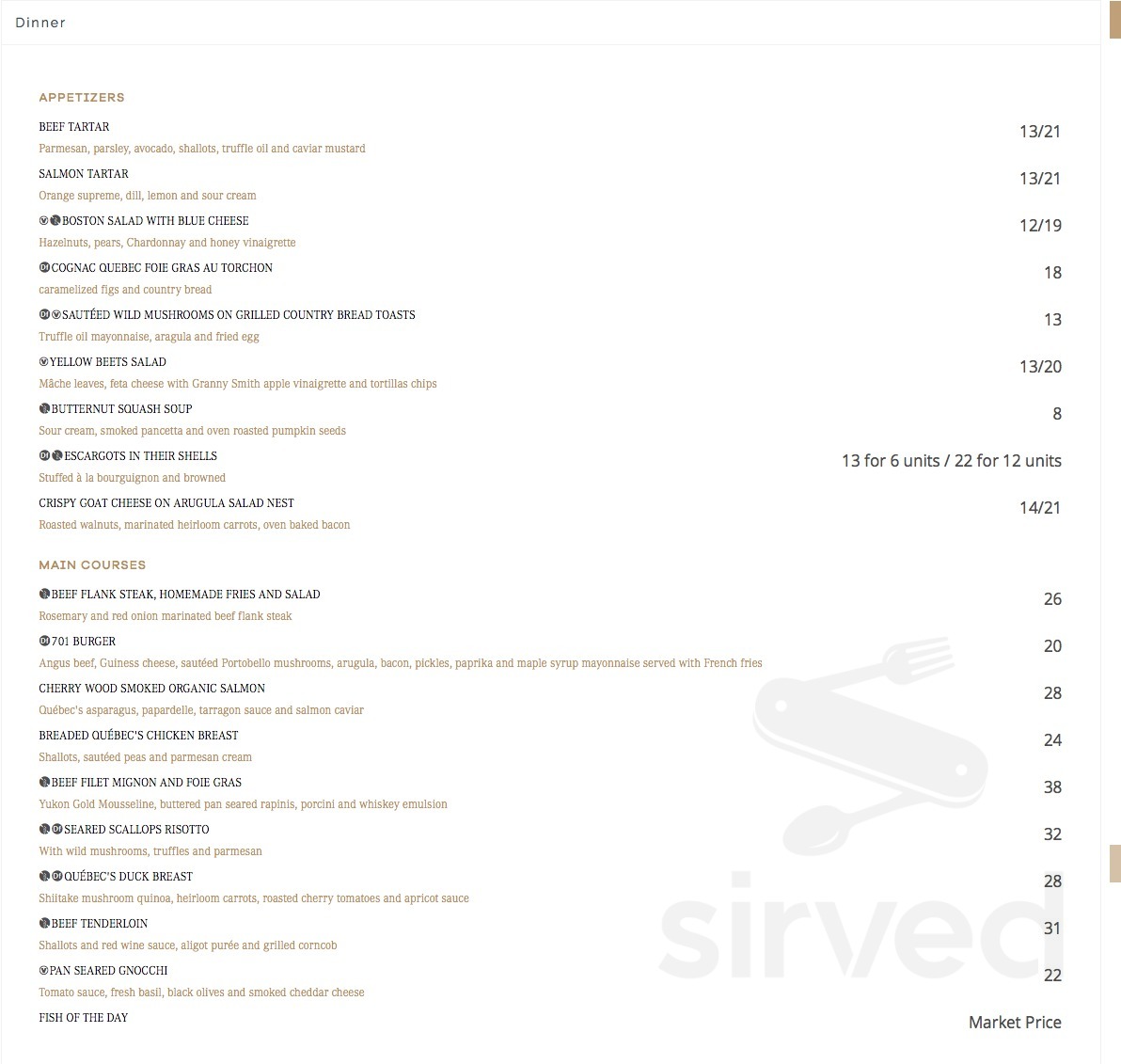 Brasserie 701 menu in Montréal, Quebec, Canada