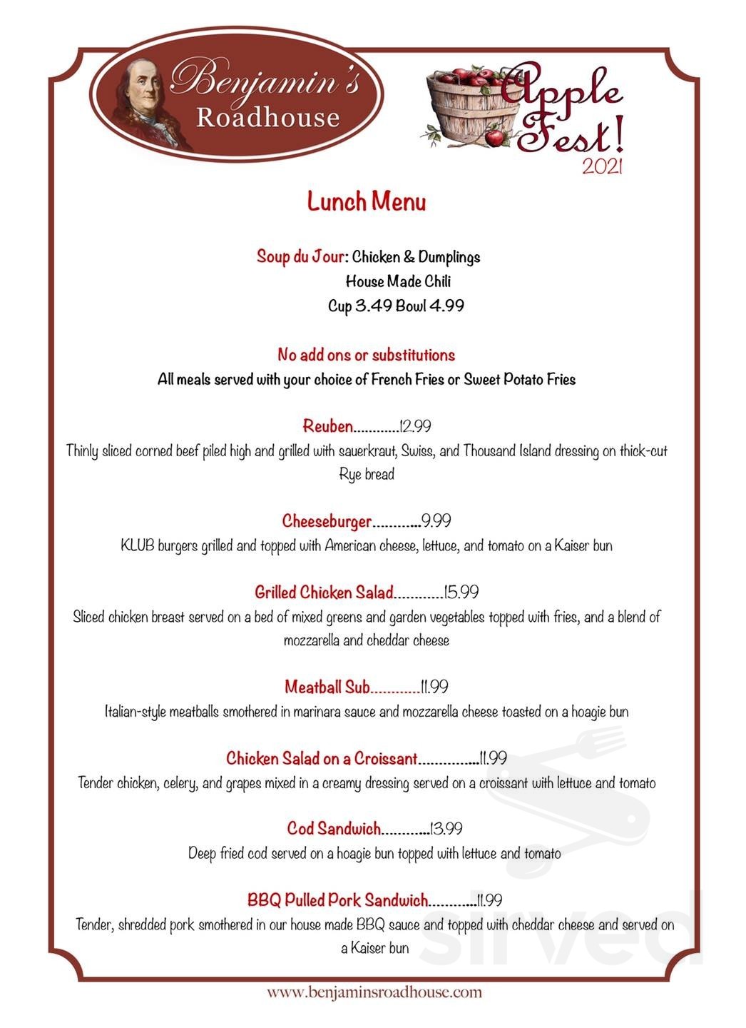 Benjamin's Roadhouse menu in Franklin, Pennsylvania, USA