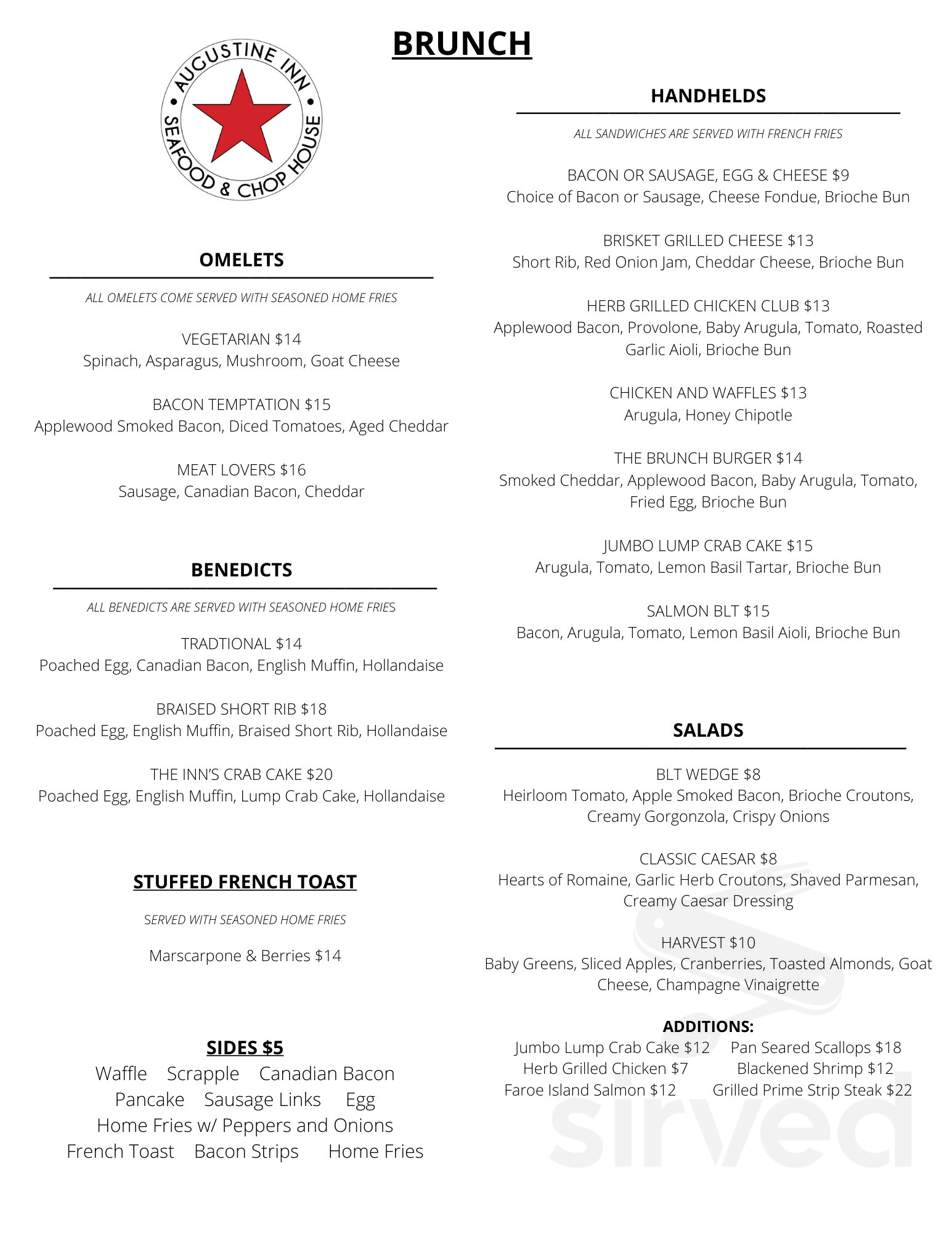 Augustine Inn Seafood & Chop House menu in Middletown, Delaware, USA