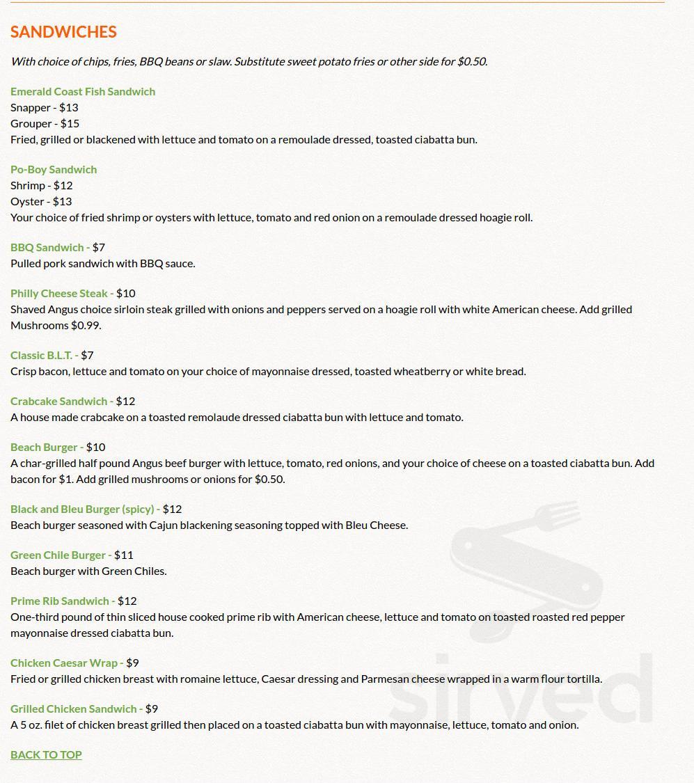 Sandbar Seafood & BBQ Joint menu in Panama City Beach, Florida, USA