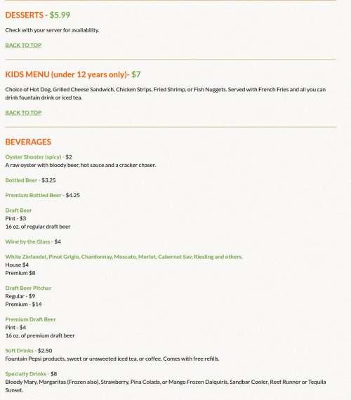 Sandbar Seafood & BBQ Joint menu in Panama City Beach, Florida, USA