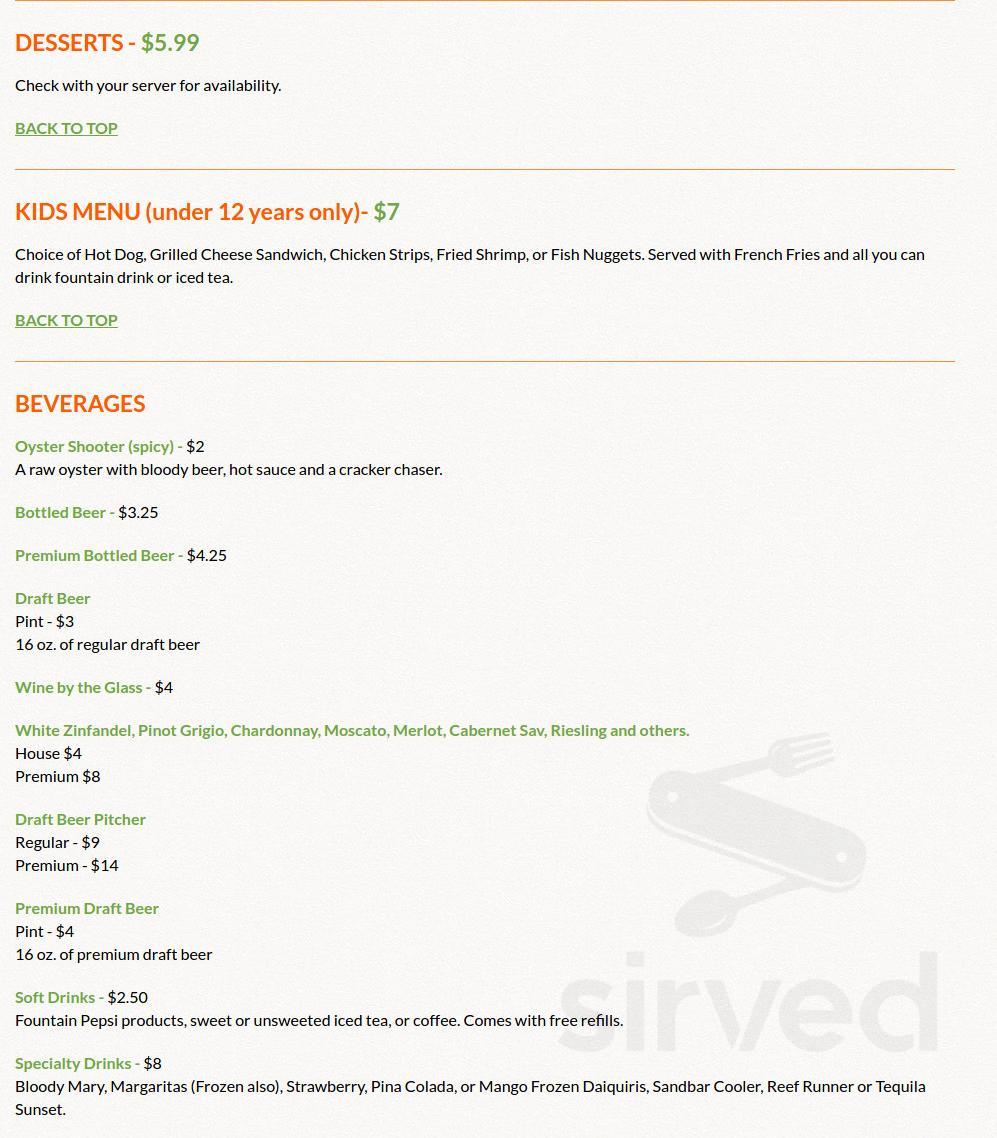 Sandbar Seafood & BBQ Joint menu in Panama City Beach, Florida, USA