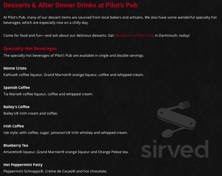 Menu for Pilots Pub in Dartmouth, NS | Sirved