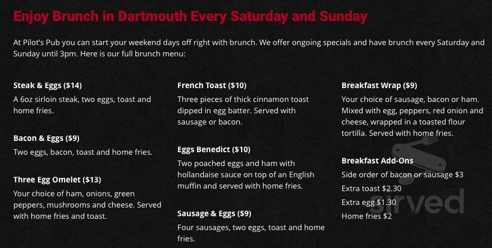 Pilots Pub menu in Dartmouth, Nova Scotia, Canada