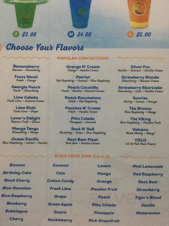 Tropical Sno menus in Middleton, Idaho, United States