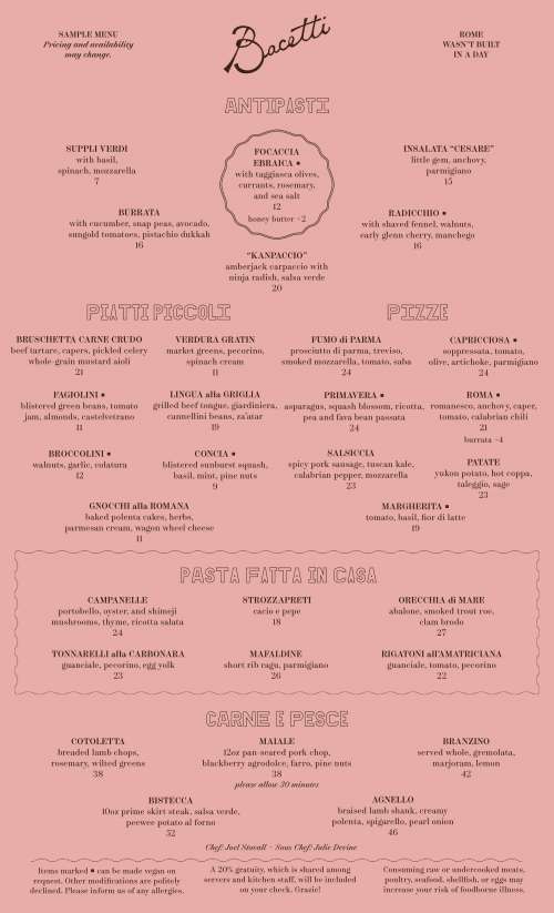 Bacetti menu in Los Angeles, California, USA