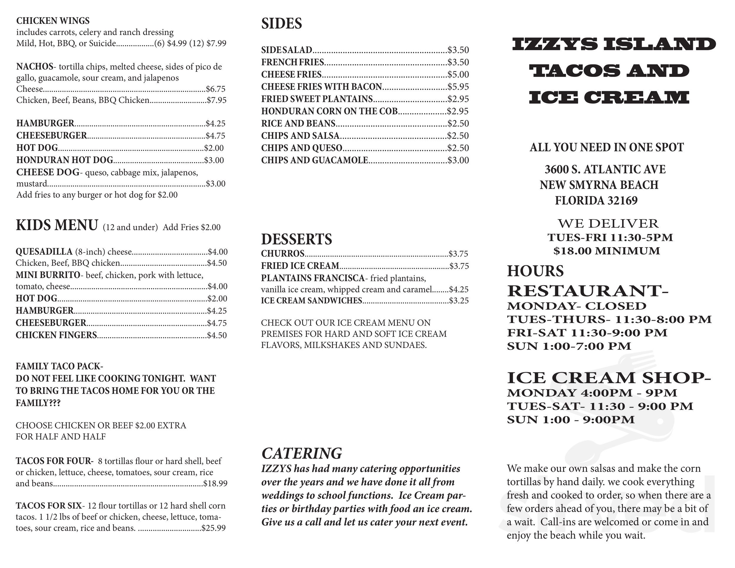 Izzy's Island Tacos And Ice Cream menu in New Smyrna Beach, Florida, USA